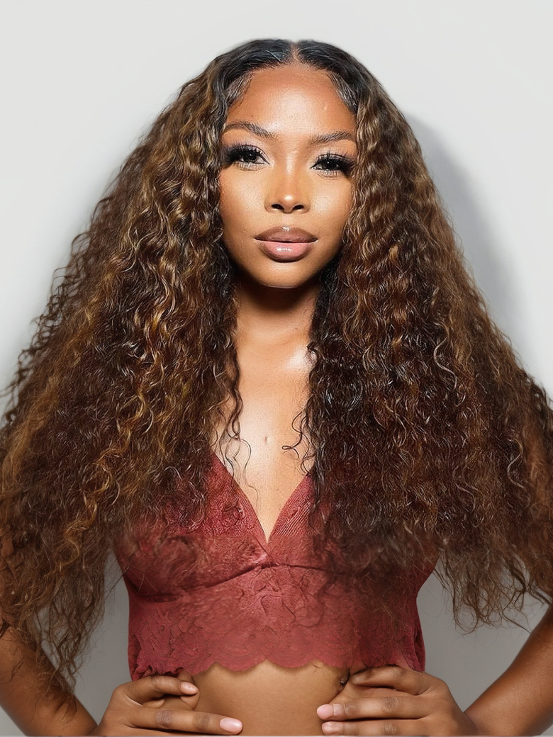 Nadula Flash Deal Brown Highlight V Part Human Hair Wig FB30# Balayage Curly Human Hair Wigs