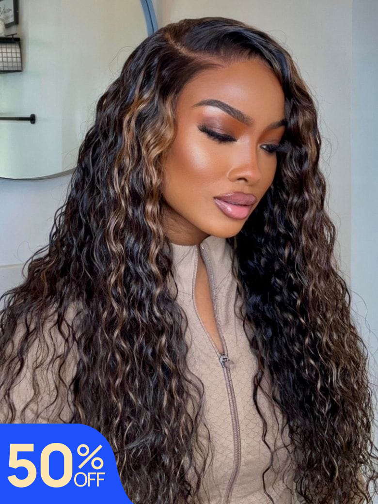 Nadula Flash Sale 7x5 Golden Brown Highlight Wig Water Wave Bye Bye Knots Lace Closure Wig 150% ...